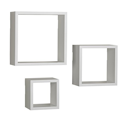 MELANNCO Floating Wall Shelves for Bedroom, Living Room, Bathroom, Kitchen, Nursery, Set of 4, White, 4 Count & Floating Wall Mount Square Cube Shelves, Set of 3, White - 5140525