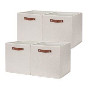 hnzige large storage baskets set of 4 bins collapsible storage baskets,13×13 storage cube bins with handles,foldable storage cube bins for shelves, closet storage organizer home nursery office(cream)