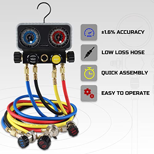 Lichamp HVAC R410A Manifold Gauge Set AC R134A, Freon R22 R32 410A 134A Diagnostic Manifold Gauge with Hose Kit Air Conditioner Refrigerant Recharge Kit