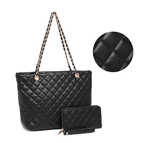 XB Tote Purse and Handbags Set for Women Leather Quilted Shoulder Bag Wristlet Wallet Zipper 2pcs Purse Set (Black)