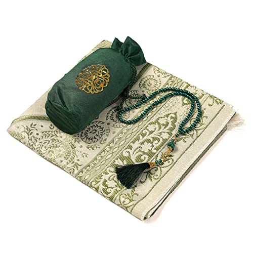 SAQENZA Prayer Rug - Muslim Prayer Rug - Prayer Mat Travel Bag and Prayer Beads - Muslim Gifts for Men, Women and Kids( Green )