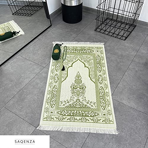 SAQENZA Prayer Rug - Muslim Prayer Rug - Prayer Mat Travel Bag and Prayer Beads - Muslim Gifts for Men, Women and Kids( Green )