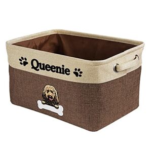 malihong personalized foldable storage basket with cute dog goldendoodle collapsible sturdy fabric bone pet toys storage bin cube with handles for organizing shelf home closet, brown and white