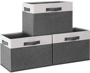 ghvyennttes storage bins [3-pack] large foldable storage baskets for shelves, sturdy fabric cube storage boxes with 3 handles for closet nursery cabinet living room (grey, 15″ x 11″ x 9.6″)