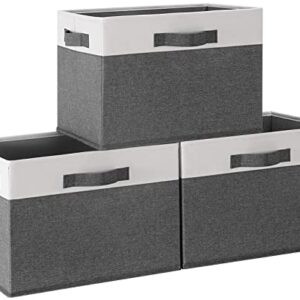 GhvyenntteS Storage Bins [3-Pack] Large Foldable Storage Baskets for Shelves, Sturdy Fabric Cube Storage Boxes with 3 Handles for Closet Nursery Cabinet Living Room (Grey, 15" x 11" x 9.6")