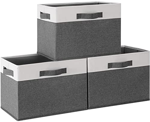 GhvyenntteS Storage Bins [3-Pack] Large Foldable Storage Baskets for Shelves, Sturdy Fabric Cube Storage Boxes with 3 Handles for Closet Nursery Cabinet Living Room (Grey, 15" x 11" x 9.6")