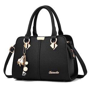 fandare ladies top-handle bags handbags for women shoulder crossbody bag for business travel commute satchel messenger bag with exquisite pendant wallet waterproof pu leather black a