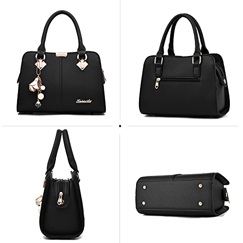 FANDARE Ladies Top-handle Bags Handbags for women Shoulder Crossbody bag for Business Travel Commute Satchel Messenger Bag with Exquisite Pendant Wallet Waterproof PU Leather Black A