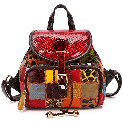 Segater Fashion Women Multicolor Backpack Genuine Leather Colorful Patchwork Shoulder Bag Bohemian Style Handbag