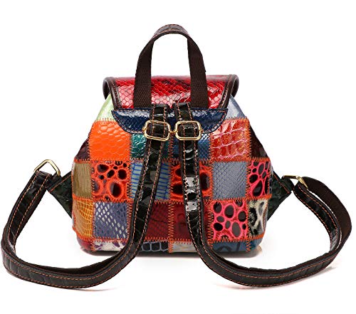 Segater Fashion Women Multicolor Backpack Genuine Leather Colorful Patchwork Shoulder Bag Bohemian Style Handbag