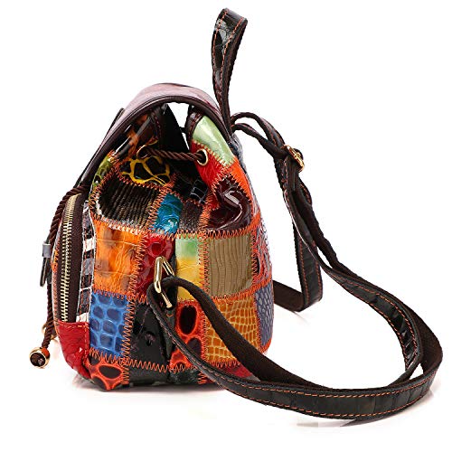 Segater Fashion Women Multicolor Backpack Genuine Leather Colorful Patchwork Shoulder Bag Bohemian Style Handbag