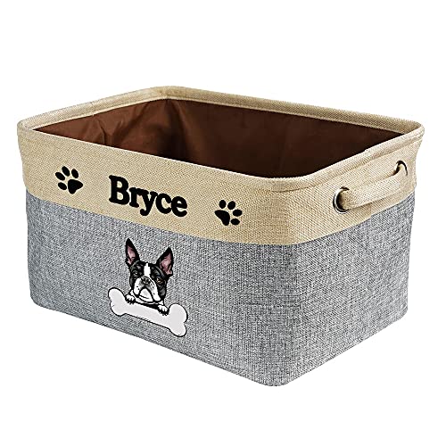 MALIHONG Personalized Foldable Storage Basket with Cute Dog Boston Terrier Collapsible Sturdy Fabric Bone Pet Toys Storage Bin Cube with Handles for Organizing Shelf Home Closet, Grey and White