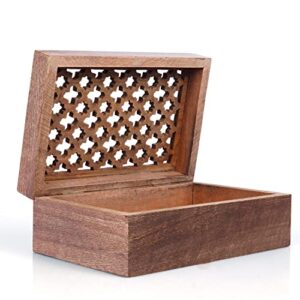 mela artisans decorative storage box with hinged lid – medium polish, large | 9” x 6” x 3.5” | rustic trellis design | mango wood crafted | ideal for keepsakes, trinkets, jewelry and other stash