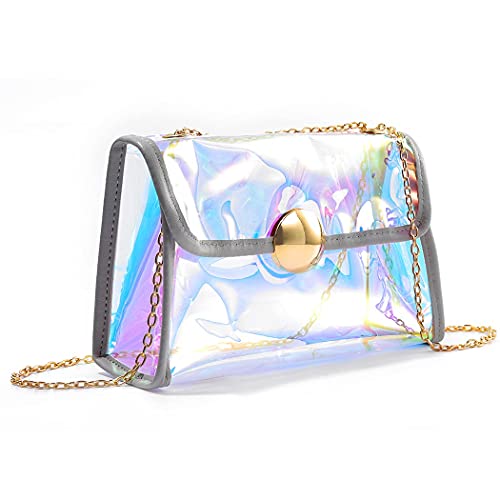 Zeelina Hologram Clear Crossbody Purse Bag Pink Shoulder Tote Handbag See Through Party Tarvel Beach Jelly Clutch Bag Messenger with Chains for Women and Girls (Gray)