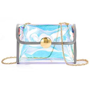 Zeelina Hologram Clear Crossbody Purse Bag Pink Shoulder Tote Handbag See Through Party Tarvel Beach Jelly Clutch Bag Messenger with Chains for Women and Girls (Gray)