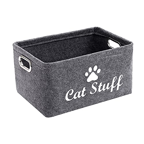 Brabtod Foldable Fabric Felt Storage Bins with Handles, Pet Supplies Storage for Bedroom, Closet, Toys, Laundry Cute Storage Baskets -gray-cat