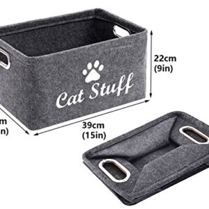 Brabtod Foldable Fabric Felt Storage Bins with Handles, Pet Supplies Storage for Bedroom, Closet, Toys, Laundry Cute Storage Baskets -gray-cat