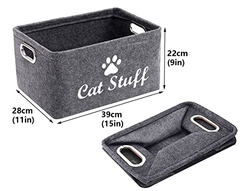 Brabtod Foldable Fabric Felt Storage Bins with Handles, Pet Supplies Storage for Bedroom, Closet, Toys, Laundry Cute Storage Baskets -gray-cat