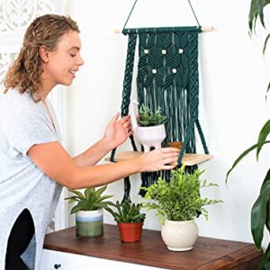 Macrame Wall Hanging Shelf-ideal décor-plants storage bookshelf-Bohemian Decorative Shelves-Boho Floating Indoor Shelving–For bedroom kitchen bathroom room with window Plant hanger-shelfs. Green