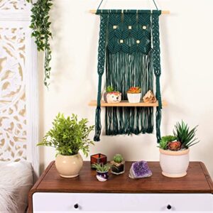 Macrame Wall Hanging Shelf-ideal décor-plants storage bookshelf-Bohemian Decorative Shelves-Boho Floating Indoor Shelving–For bedroom kitchen bathroom room with window Plant hanger-shelfs. Green