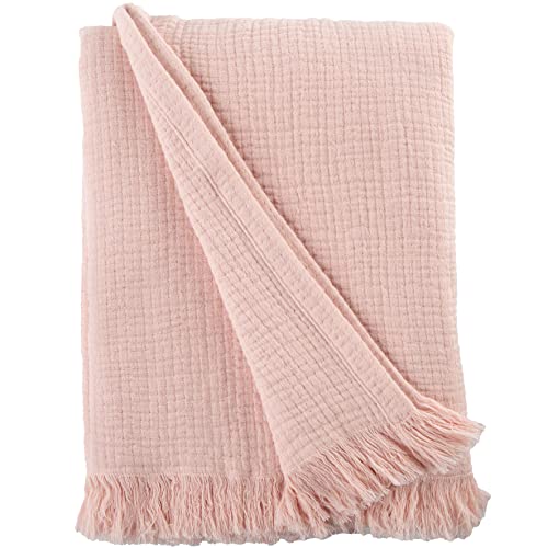 Sticky Toffee Blush Pink Muslin Throw Blanket with Fringe, Oeko-Tex Cotton Muslin Blankets for Adults, Soft Lightweight and Breathable Throw Blankets for Couch Bed or Sofa, 50 in x 60 in