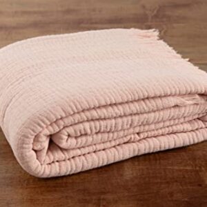 Sticky Toffee Blush Pink Muslin Throw Blanket with Fringe, Oeko-Tex Cotton Muslin Blankets for Adults, Soft Lightweight and Breathable Throw Blankets for Couch Bed or Sofa, 50 in x 60 in