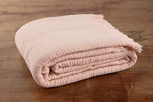 Sticky Toffee Blush Pink Muslin Throw Blanket with Fringe, Oeko-Tex Cotton Muslin Blankets for Adults, Soft Lightweight and Breathable Throw Blankets for Couch Bed or Sofa, 50 in x 60 in