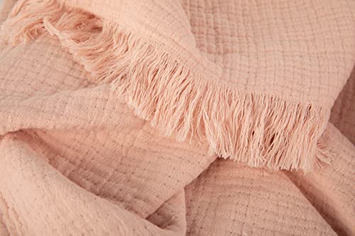 Sticky Toffee Blush Pink Muslin Throw Blanket with Fringe, Oeko-Tex Cotton Muslin Blankets for Adults, Soft Lightweight and Breathable Throw Blankets for Couch Bed or Sofa, 50 in x 60 in