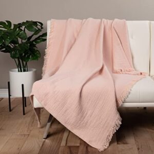 Sticky Toffee Blush Pink Muslin Throw Blanket with Fringe, Oeko-Tex Cotton Muslin Blankets for Adults, Soft Lightweight and Breathable Throw Blankets for Couch Bed or Sofa, 50 in x 60 in