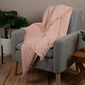 Sticky Toffee Blush Pink Muslin Throw Blanket with Fringe, Oeko-Tex Cotton Muslin Blankets for Adults, Soft Lightweight and Breathable Throw Blankets for Couch Bed or Sofa, 50 in x 60 in