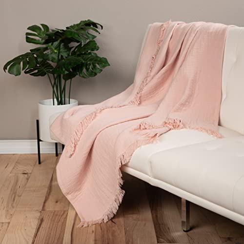 Sticky Toffee Blush Pink Muslin Throw Blanket with Fringe, Oeko-Tex Cotton Muslin Blankets for Adults, Soft Lightweight and Breathable Throw Blankets for Couch Bed or Sofa, 50 in x 60 in