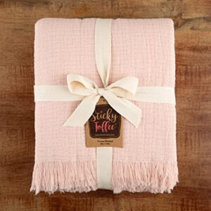 Sticky Toffee Blush Pink Muslin Throw Blanket with Fringe, Oeko-Tex Cotton Muslin Blankets for Adults, Soft Lightweight and Breathable Throw Blankets for Couch Bed or Sofa, 50 in x 60 in