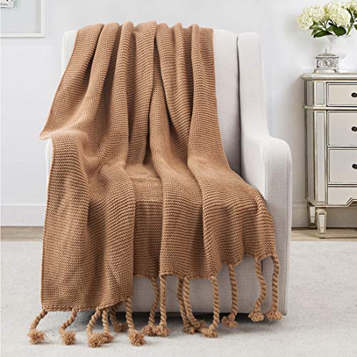 Revdomfly Brown Throw Blanket Knitted Throw Blanket with Fringe Tassels Warm Cozy Woven Blankets for Couch Bed Chair, 51.2" x 67"