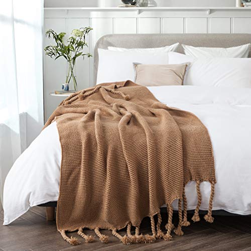 Revdomfly Brown Throw Blanket Knitted Throw Blanket with Fringe Tassels Warm Cozy Woven Blankets for Couch Bed Chair, 51.2" x 67"