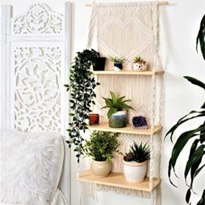 Macrame Wall Hanging Shelf-ideal décor-plants storage bookshelf-Bohemian Decorative Shelves-Boho Floating Indoor Shelving–For bedroom kitchen bathroom room with window Plant hanger 3 Tier Heart