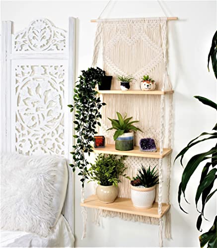 Macrame Wall Hanging Shelf-ideal décor-plants storage bookshelf-Bohemian Decorative Shelves-Boho Floating Indoor Shelving–For bedroom kitchen bathroom room with window Plant hanger 3 Tier Heart