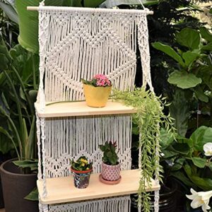 Macrame Wall Hanging Shelf-ideal décor-plants storage bookshelf-Bohemian Decorative Shelves-Boho Floating Indoor Shelving–For bedroom kitchen bathroom room with window Plant hanger 3 Tier Heart