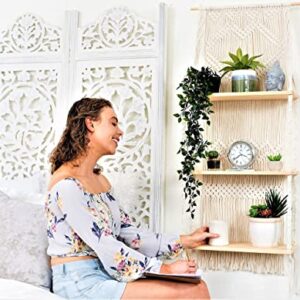 Macrame Wall Hanging Shelf-ideal décor-plants storage bookshelf-Bohemian Decorative Shelves-Boho Floating Indoor Shelving–For bedroom kitchen bathroom room with window Plant hanger 3 Tier Heart