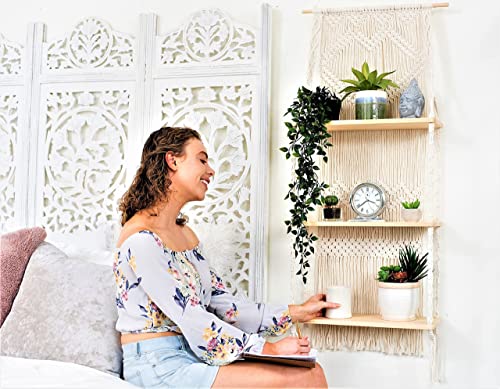 Macrame Wall Hanging Shelf-ideal décor-plants storage bookshelf-Bohemian Decorative Shelves-Boho Floating Indoor Shelving–For bedroom kitchen bathroom room with window Plant hanger 3 Tier Heart