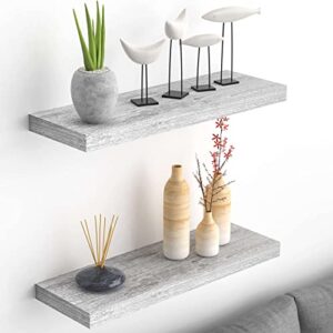 under.stated floating wall shelves, 24” hanging shelf set for living room, office, kitchen, bathroom &, perfect home room wall decor, rustic pattern designed – (rustic whitewash grey 24″)