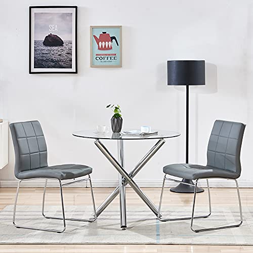 Bacyion Modern 3 Pieces Round Glass Dining Table Set for 2, Kitchen Table with 3 Legs,Tempered Glass Top + 2 Grey Faux Leather Dining Chairs, Dining Room Table and Chairs Set for Home Small Space