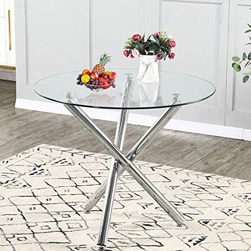 Bacyion Modern 3 Pieces Round Glass Dining Table Set for 2, Kitchen Table with 3 Legs,Tempered Glass Top + 2 Grey Faux Leather Dining Chairs, Dining Room Table and Chairs Set for Home Small Space