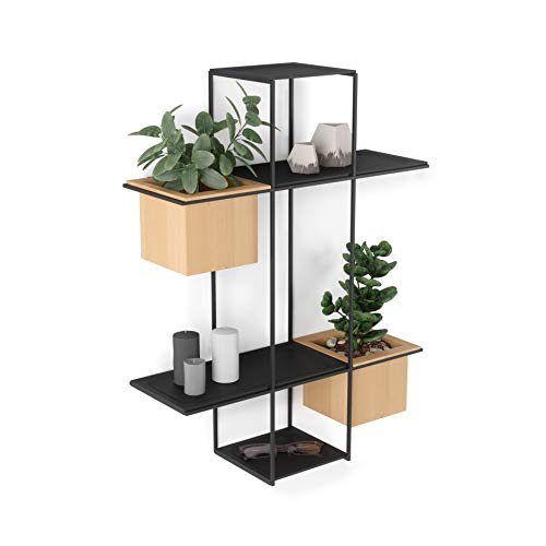 Umbra Cubist Floating Built-in Succulent Planter – Modern Wall Décor and Geometric Display Shelf for Books, Candles, Mementos, Photos, Indoor Plants and More, Multi, Black