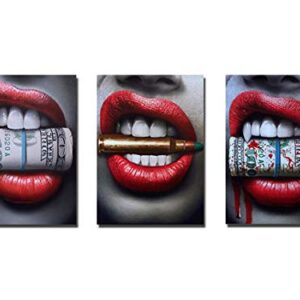 Red Lips Series: 【Bite】-Spray Painting Core Modern Fashion Sexy Red Lips Nordic Style Room Decoration Painting Wall Painting Wall Art Pictures Set of 3（11.8"X15.75"）【No Frame】