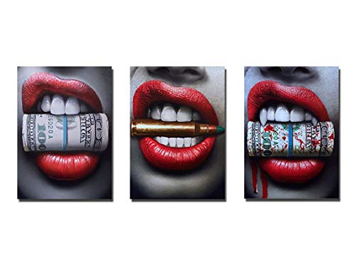 Red Lips Series: 【Bite】-Spray Painting Core Modern Fashion Sexy Red Lips Nordic Style Room Decoration Painting Wall Painting Wall Art Pictures Set of 3（11.8"X15.75"）【No Frame】