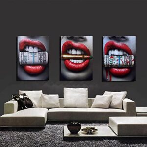 Red Lips Series: 【Bite】-Spray Painting Core Modern Fashion Sexy Red Lips Nordic Style Room Decoration Painting Wall Painting Wall Art Pictures Set of 3（11.8"X15.75"）【No Frame】