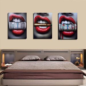 Red Lips Series: 【Bite】-Spray Painting Core Modern Fashion Sexy Red Lips Nordic Style Room Decoration Painting Wall Painting Wall Art Pictures Set of 3（11.8"X15.75"）【No Frame】