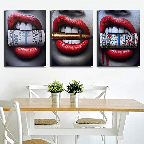 Red Lips Series: 【Bite】-Spray Painting Core Modern Fashion Sexy Red Lips Nordic Style Room Decoration Painting Wall Painting Wall Art Pictures Set of 3（11.8"X15.75"）【No Frame】