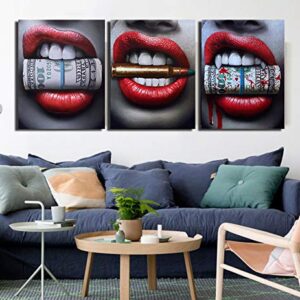 Red Lips Series: 【Bite】-Spray Painting Core Modern Fashion Sexy Red Lips Nordic Style Room Decoration Painting Wall Painting Wall Art Pictures Set of 3（11.8"X15.75"）【No Frame】