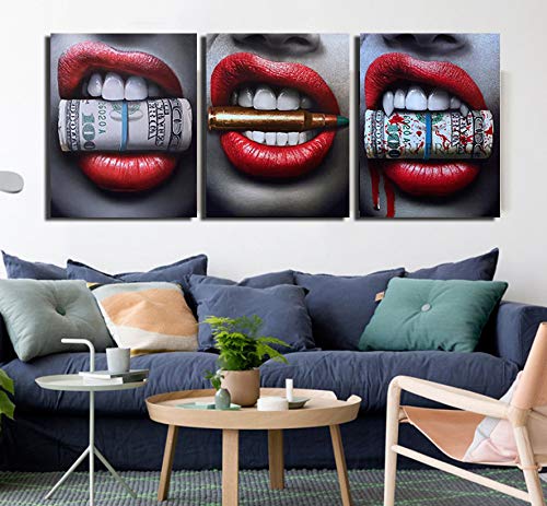 Red Lips Series: 【Bite】-Spray Painting Core Modern Fashion Sexy Red Lips Nordic Style Room Decoration Painting Wall Painting Wall Art Pictures Set of 3（11.8"X15.75"）【No Frame】